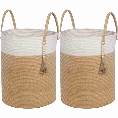 Pack of 2 Tall Woven Laundry Basket Collapsible for Storage Clothes Basket Laundry Hamper Basket for Bedroom Living Room Nursery Blanket Pillow Toy Dirty Clothes Hamper (2 Pack Ochre)