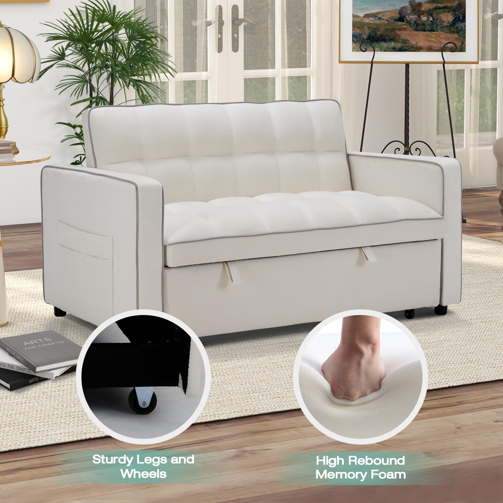 EBELLO 3 in 1 Convertible Sleeper Sofa Bed, Modern Velvet Loveseat Futon Couch Pullout Bed with Side Storage Pockets, Small Love Seat Lounge Sofa Futon for Small Space, Living Room, Beige