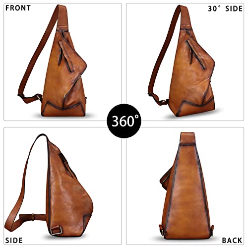 FEIGITOR Genuine Leather Sling Bag Retro Crossbody Sling Backpack Handmade Chest Shoulder Hiking Daypack Cycling Purse Fanny Pack (Brown)