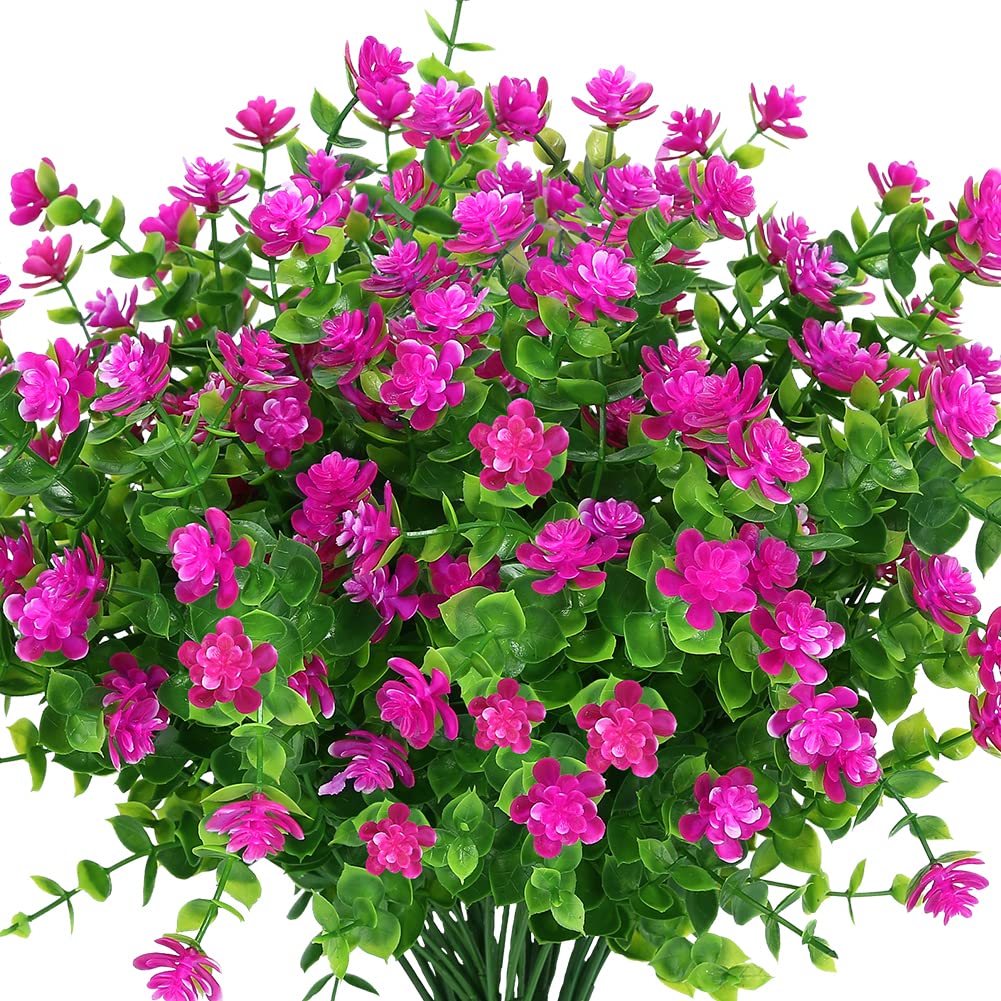 KLEMOO 24 Bundles Outdoor Artificial Fake Flowers UV Resistant No Fade Boxwood Faux Plastic Plants for Garden Patio Porch Window Box Home Wedding Farmhouse Décor (Fushia)