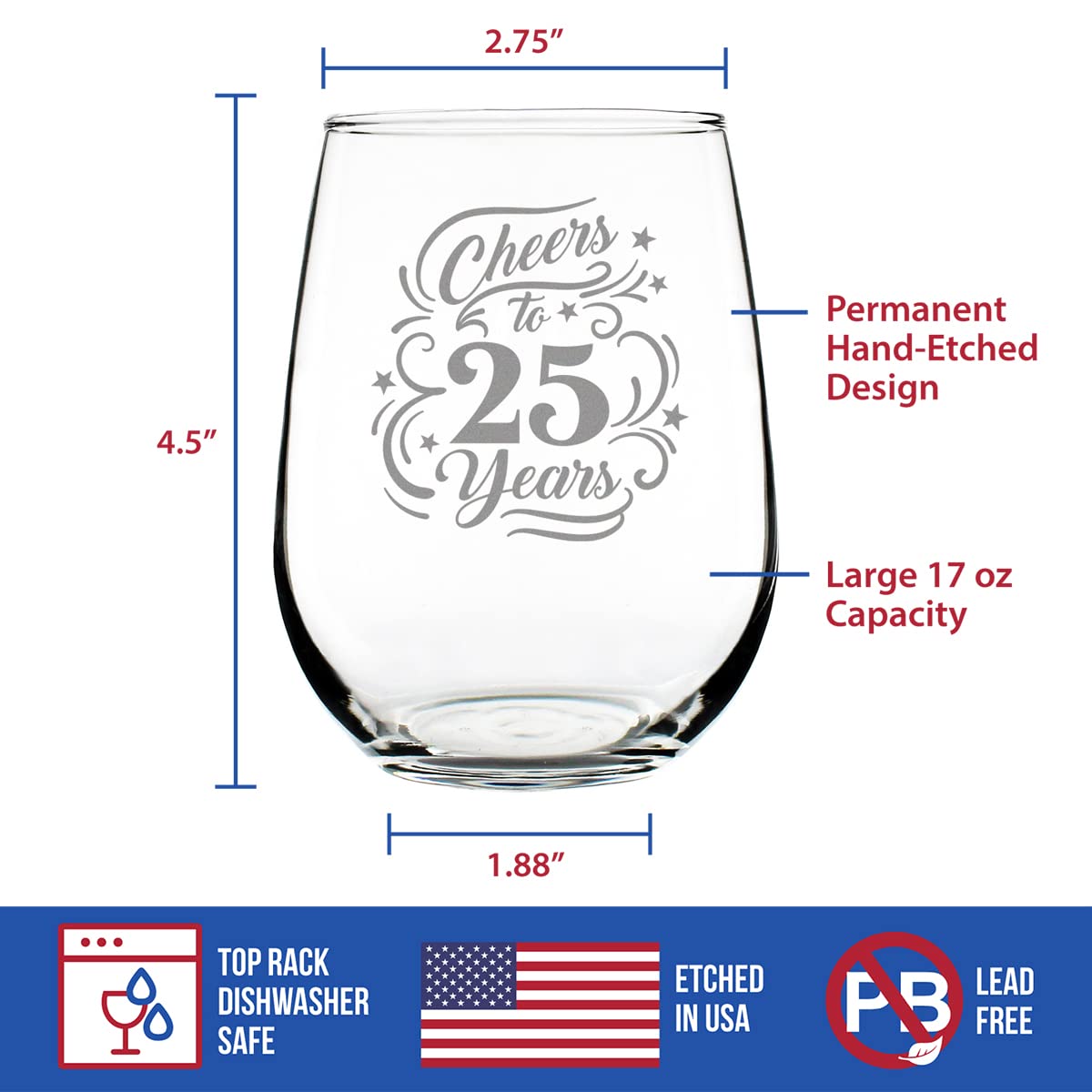 Cheers to 25 Years - Stemless Wine Glass Gifts for Women & Men - 25th Anniversary Party Decor - Large 17 Oz Glasses