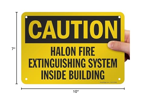 SmartSign 7 x 10 inch “Caution - Halon Fire Extinguishing System Inside Building” OSHA Sign, Digital Printing, 55 mil HDPE Plastic, Black and Yellow