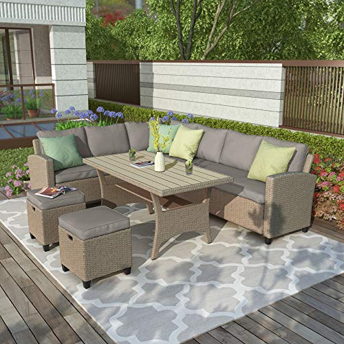 LCH Patio Furniture, 5 Piece Outdoor Conversation Set,All-Weather Wicker Dining Table Chair with Ottoman and Throw Pillows for Lawn, Backyard, Garden, Poolside and Balcony, Beige