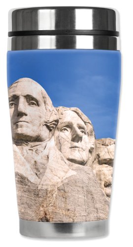 Mugzie Mount Rushmore Blue Sky Travel Mug with Insulated Wetsuit Cover, 16 oz, Multicolor