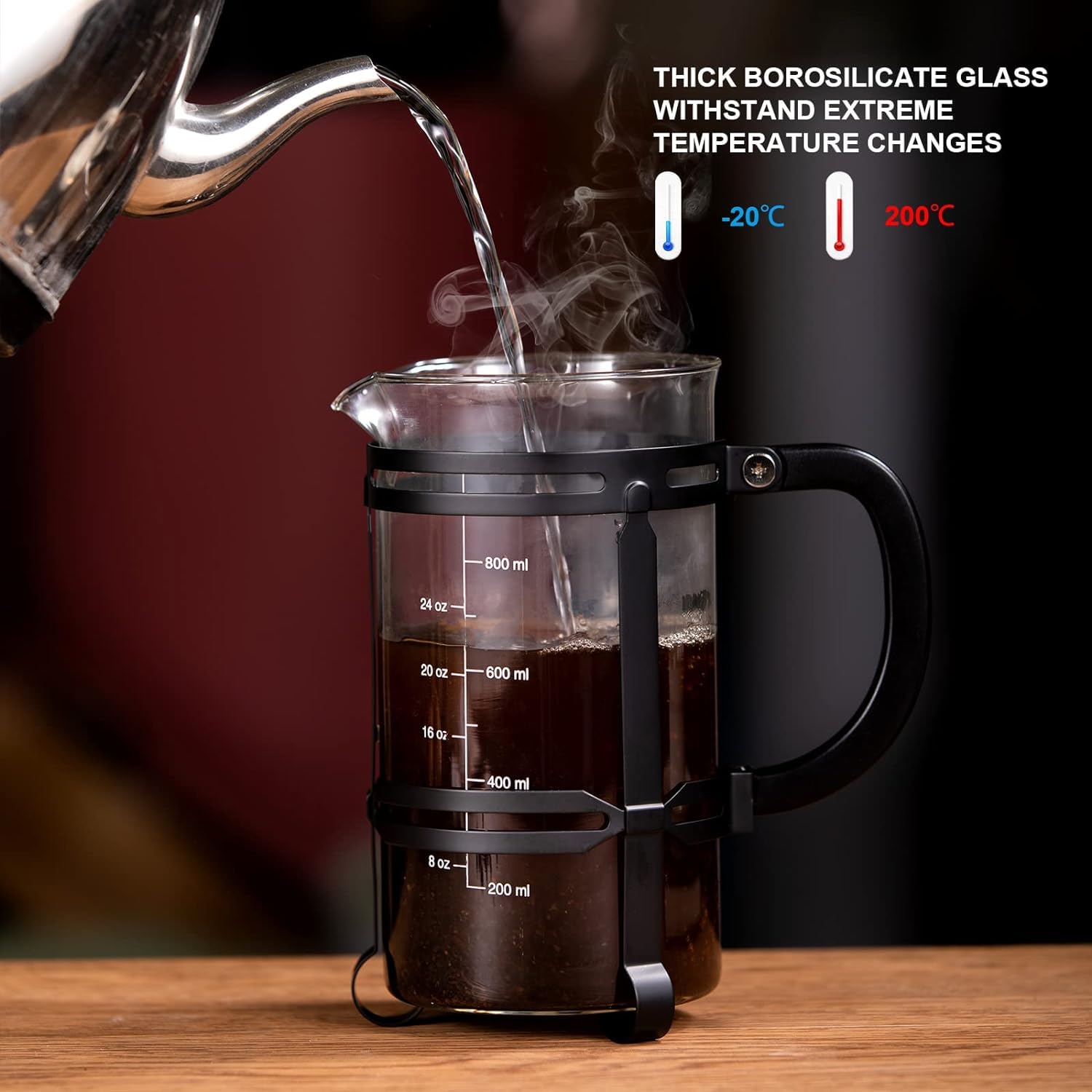French Press Coffee Maker (34 oz) with 4 Filters - 304 Durable Stainless Steel,Heat Resistant Borosilicate Glass Coffee Press,BPA Free,Black(include 1 cleaning brush,1spoon and 2 spare filter screen