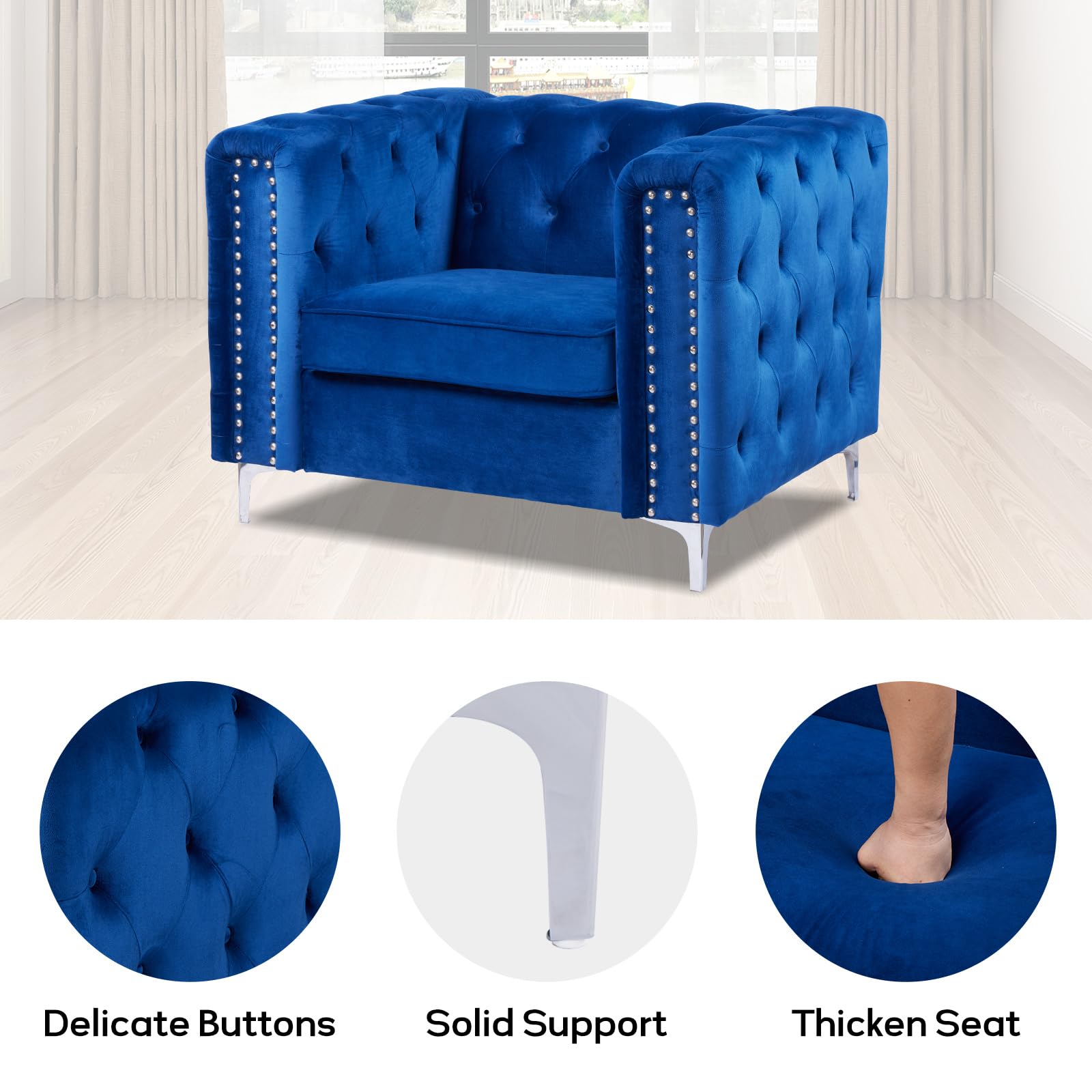 EBELLO Velvet Tufted Sofa, Modern Upholstered Mid-Century 3 Seater Couch Sofa with Thick Padded Seat Cushion and Solid Steel Feet, for Living Room, Bedroom, or Small Space, Blue