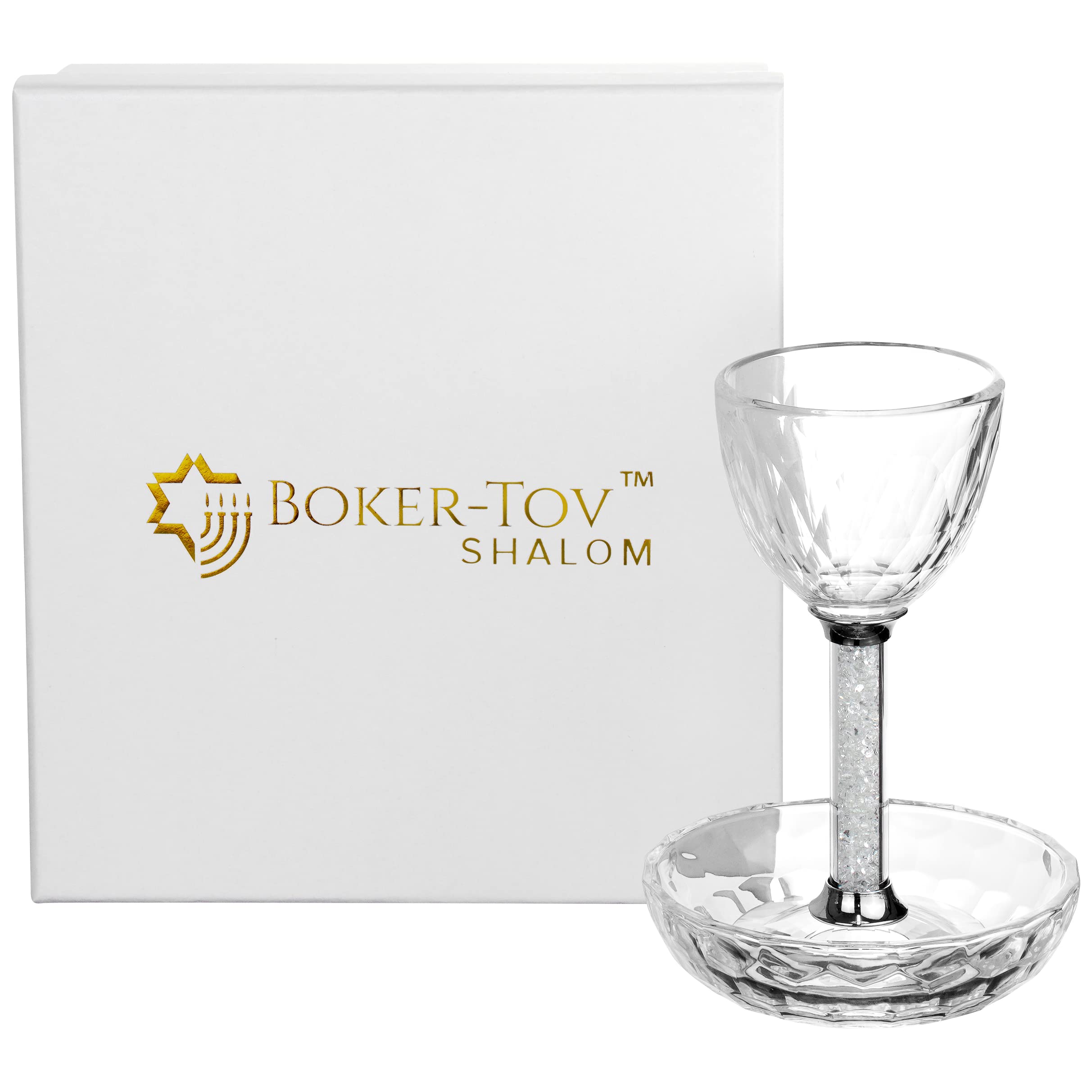 BOKER-TOV SHALOM Crystal Kiddush Cup Set - Premium Kiddush Wine Cup and Saucer for Shabbat, Havdalah, Passover - Judaica Shabbos and Holiday Gift (Clear Gemstones)