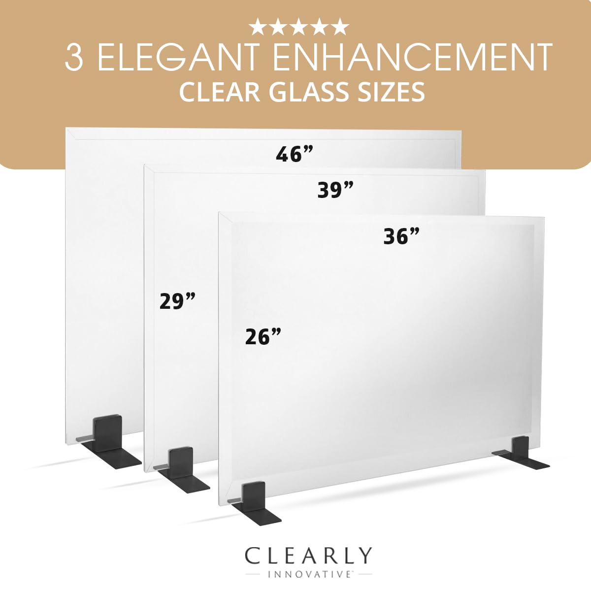Premium Tempered Glass Fireplace Screen with Exclusive Beveled Edge | 29" H x 39" W Glass (30” H Installed) | Clear Glass, Metal Black Base | The Ultimate in Home Elegance by Clearly Innovative