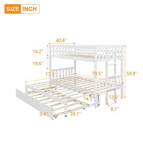 KLMM Twin Over Pull-Out Bunk Bed with Trundle, Wooden Twin Over Twin/Full/Queen/King Accommodate 4 People Extendable Bunk Beds with Ladder and Safety Rail (White)