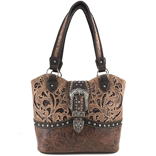 Justin West Gleaming Laser Cut Rhinestone Buckle Studded Concealed Carry Handbag Purse (Coffee Purse Wallet Set)