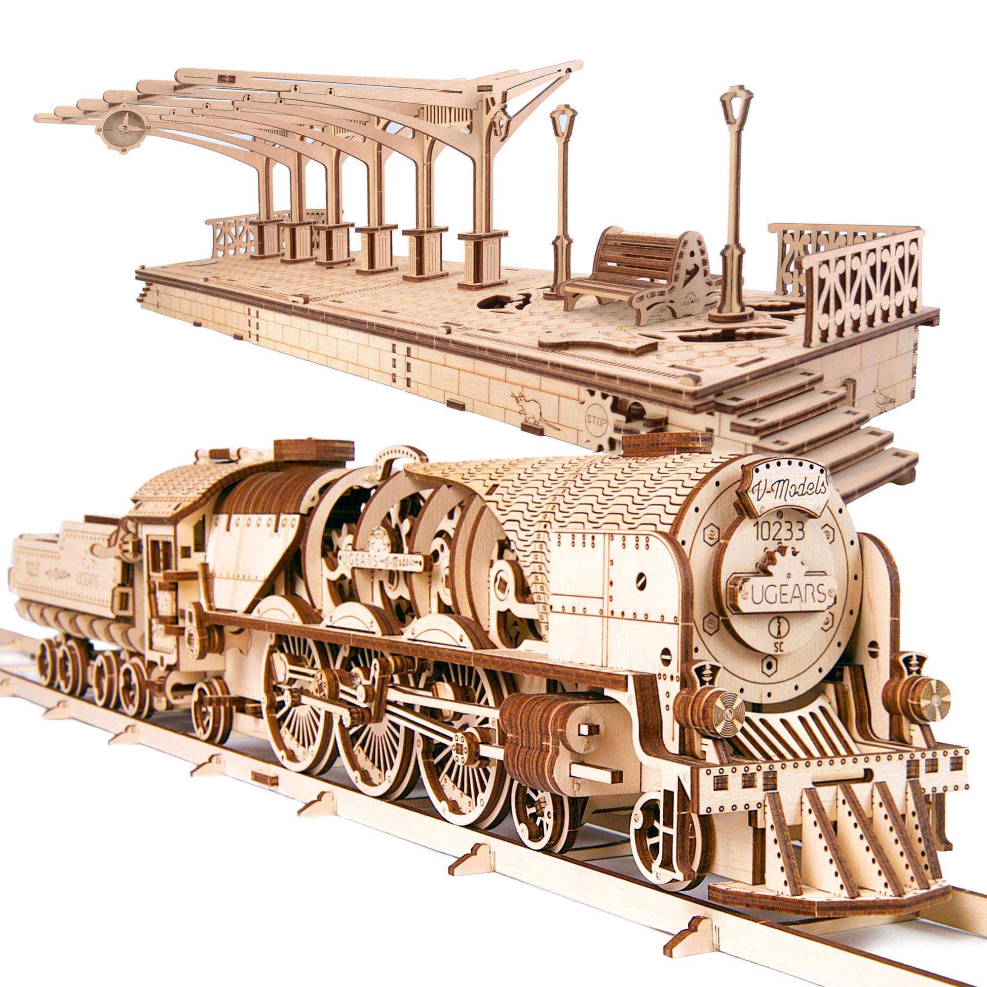Ugears Bundle - V-Express Train & Platform- STEAM 3D Mechanical Wooden Models for Self Assembly, Wooden Box Craft, Vintage Locomotive DIY, Automata Kit Gift, Kinetic Art