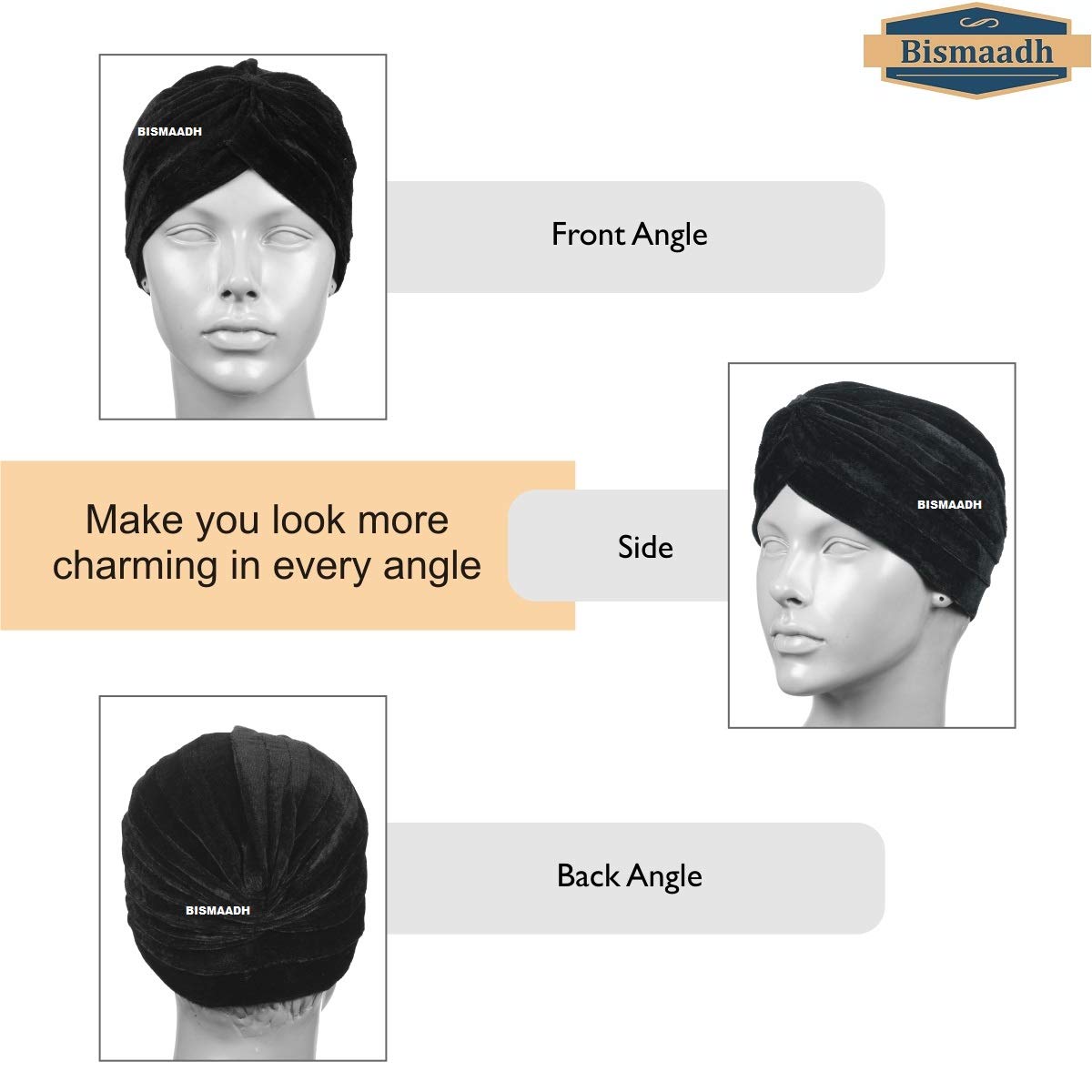 BISMAADH Soft Velvet Twisted Pleated Pre Tied Knot Readymade Turban/Pagri Chemo Cap Head Wraps-Cover for Men’s & Women’s (Dark Grey)