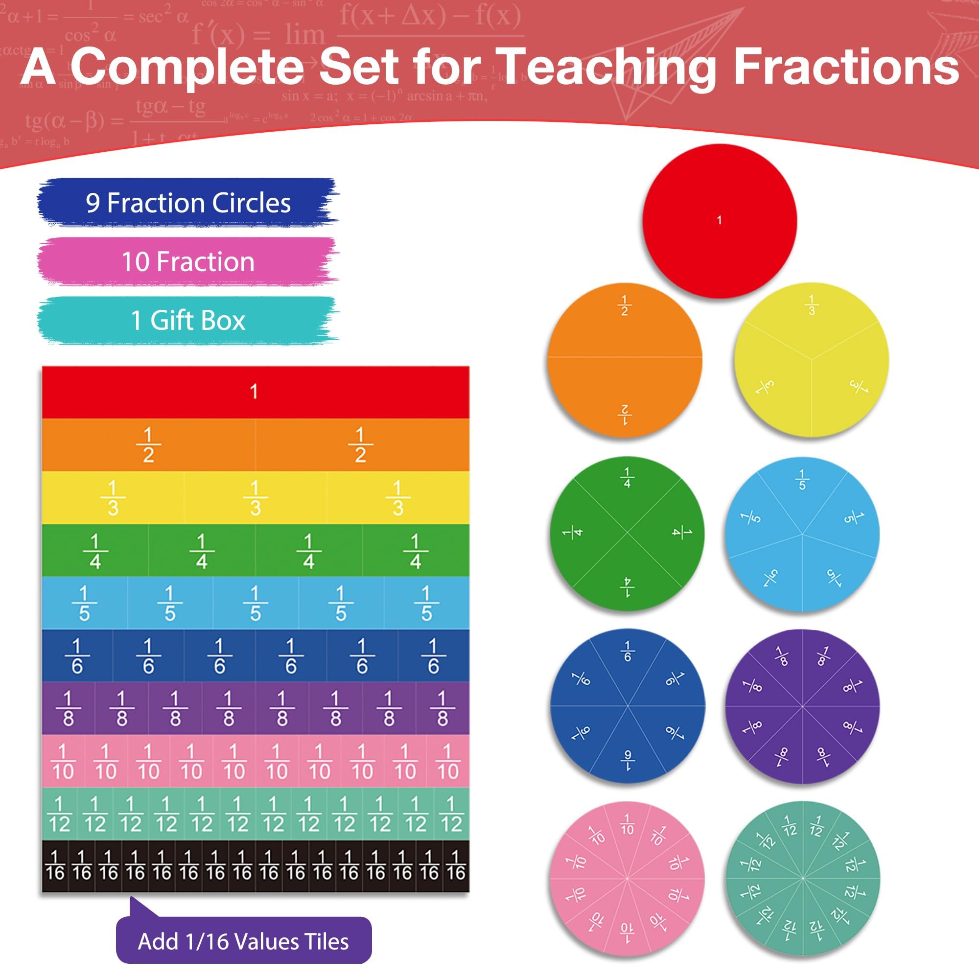 Opret Magnetic Fraction Tiles & Fraction Circles 19 Sets 118 Pcs, Rainbow Math Manipulatives for Elementary School, Magnetic Fraction Puzzle Math Classroom Supplies Christmas Gift