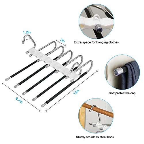 HotMax Pants Hanger Space Saving, Multiple Pants Organizer for Closet, Stainless Steel Jeans Hangers, Non-Slip Trousers Storage Organizer for Scarf, Skirt(2packs, 5-rods)