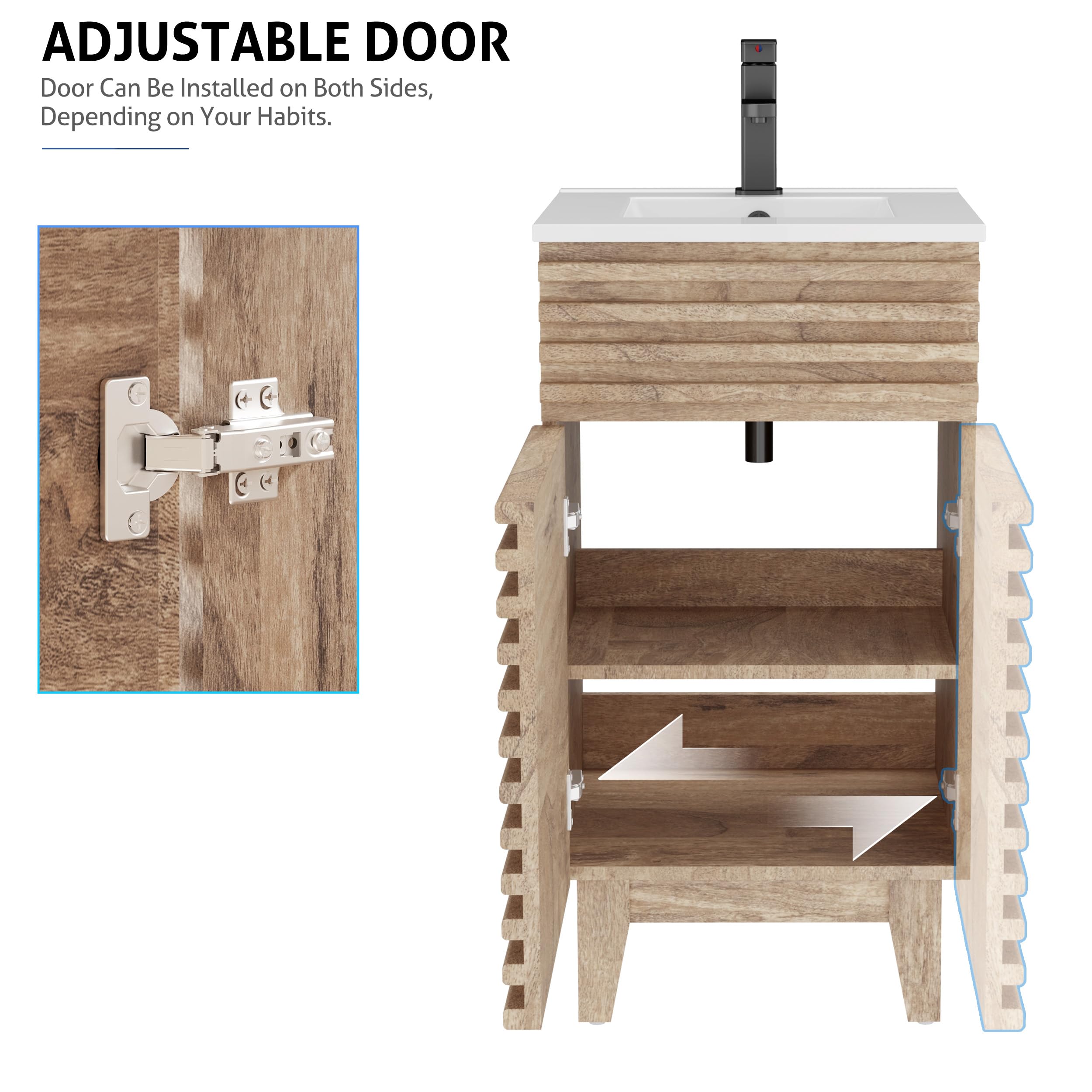 eclife 18" Bathroom Vanity with Sink Combo Mid-Century Floor Cabinet Set w/Wood Stripes, Adjustable Shelf, Undermount Sink