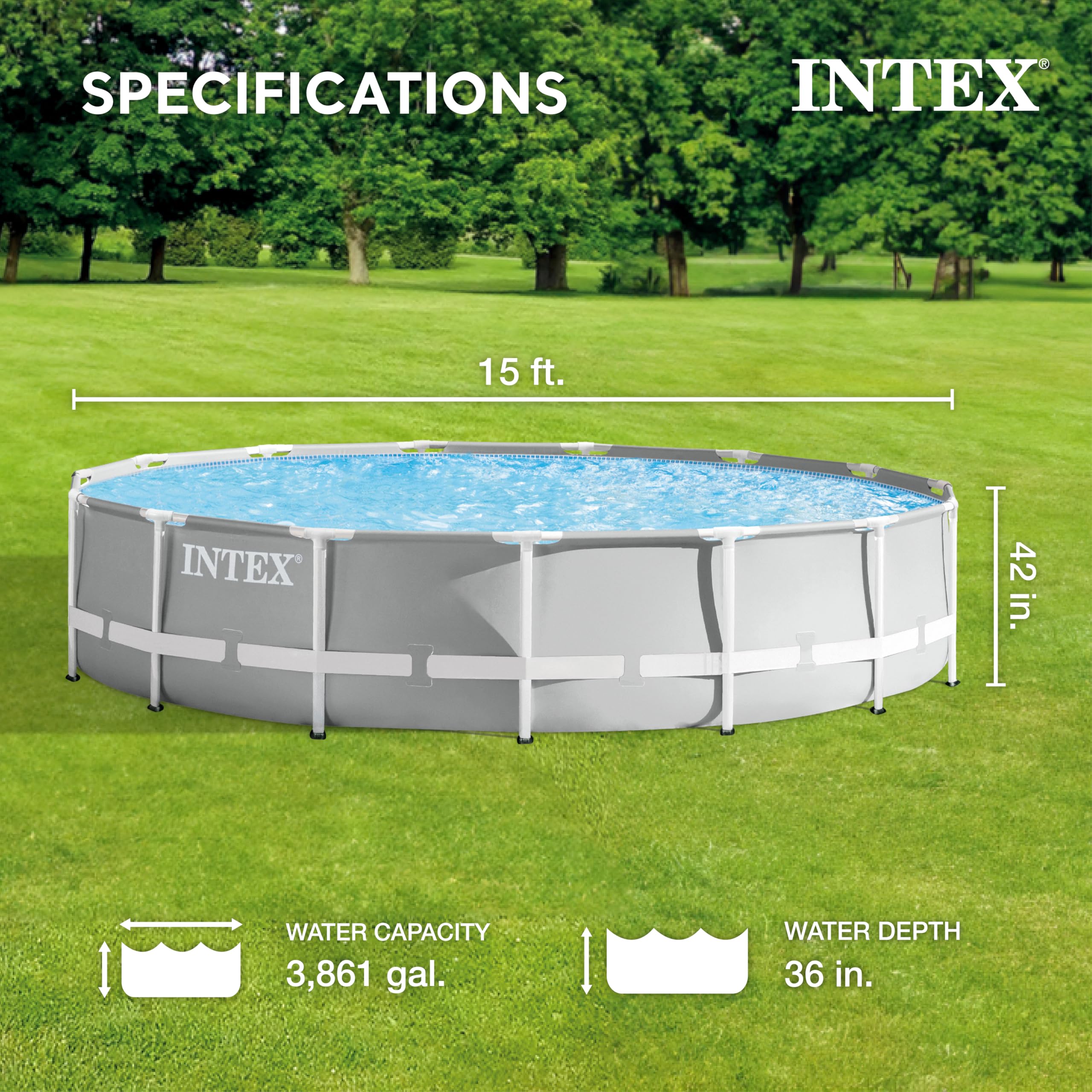Intex 26723EH Prism Frame Premium Above Ground Swimming Pool Set: 15ft x 42in – Includes 1000 GPH Cartridge Filter Pump – Removable Ladder – Pool Cover – Ground Cloth