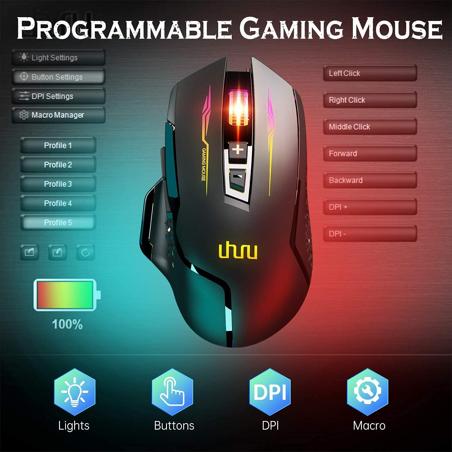 UHURU Wireless Gaming Mouse, Wired and Wireless Dual Modes Rechargeable RGB Gaming Mouse with 7 Programmable Buttons, Ergonomic and 5 Adjustable DPI Levels up to 10000 DPI for PC Laptop Gamer (WM-07)