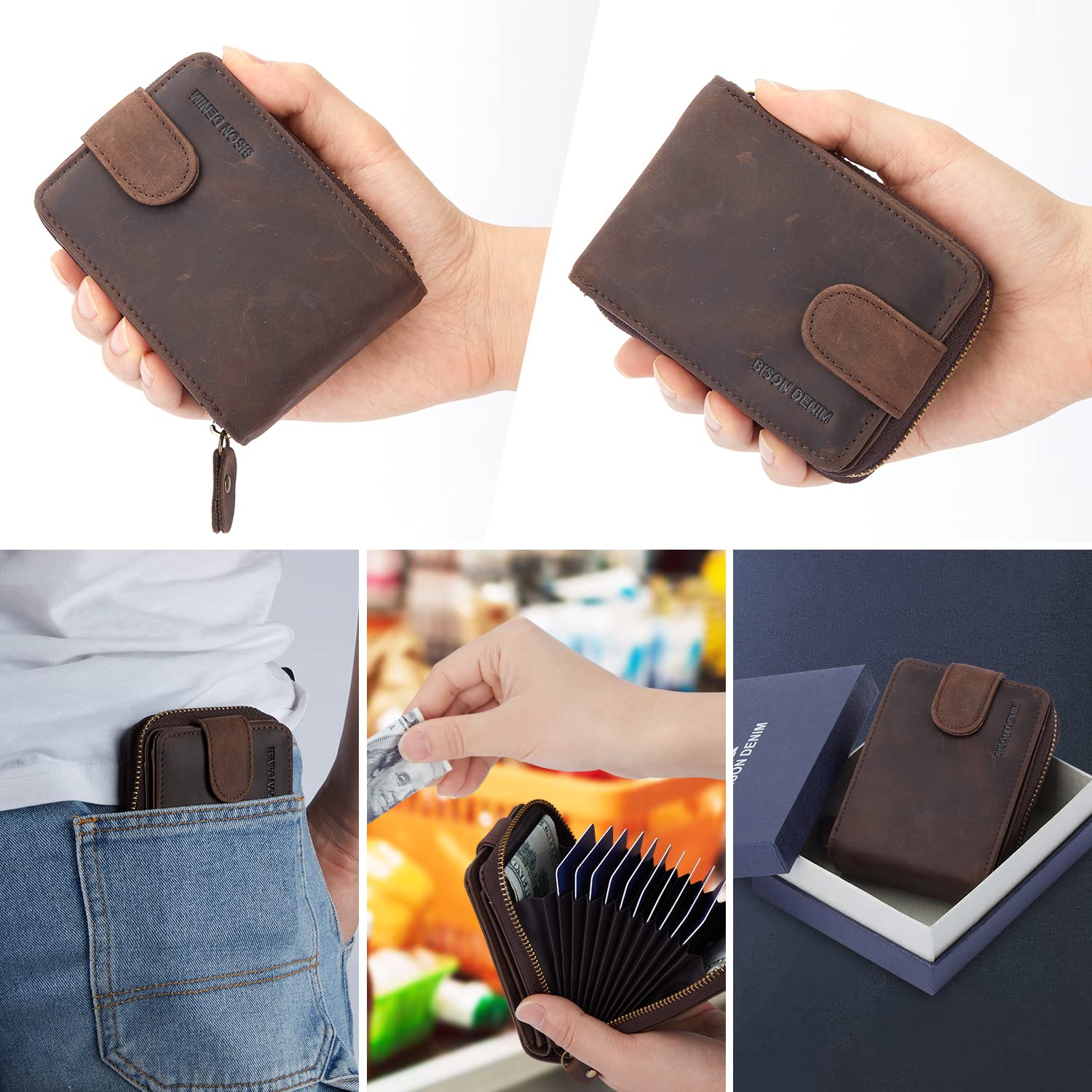 BISON DENIM Card Case Wallet Leather Pocket Wallet RFID Blocking Credit Card Organizer Zip Card Holder for Women Men (Crazy Horse Coffee)