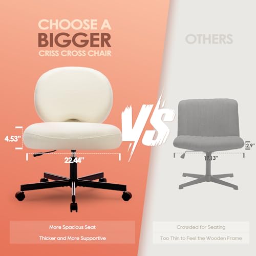 Criss Cross Chair with Wheels-Armless Cross Legged Desk Chair with Adjustable Height, Ergonomic Swivel Vanity Chair Mid Back Computer Home Office Task Chair for Small Space/Bedroom/Study-Beige