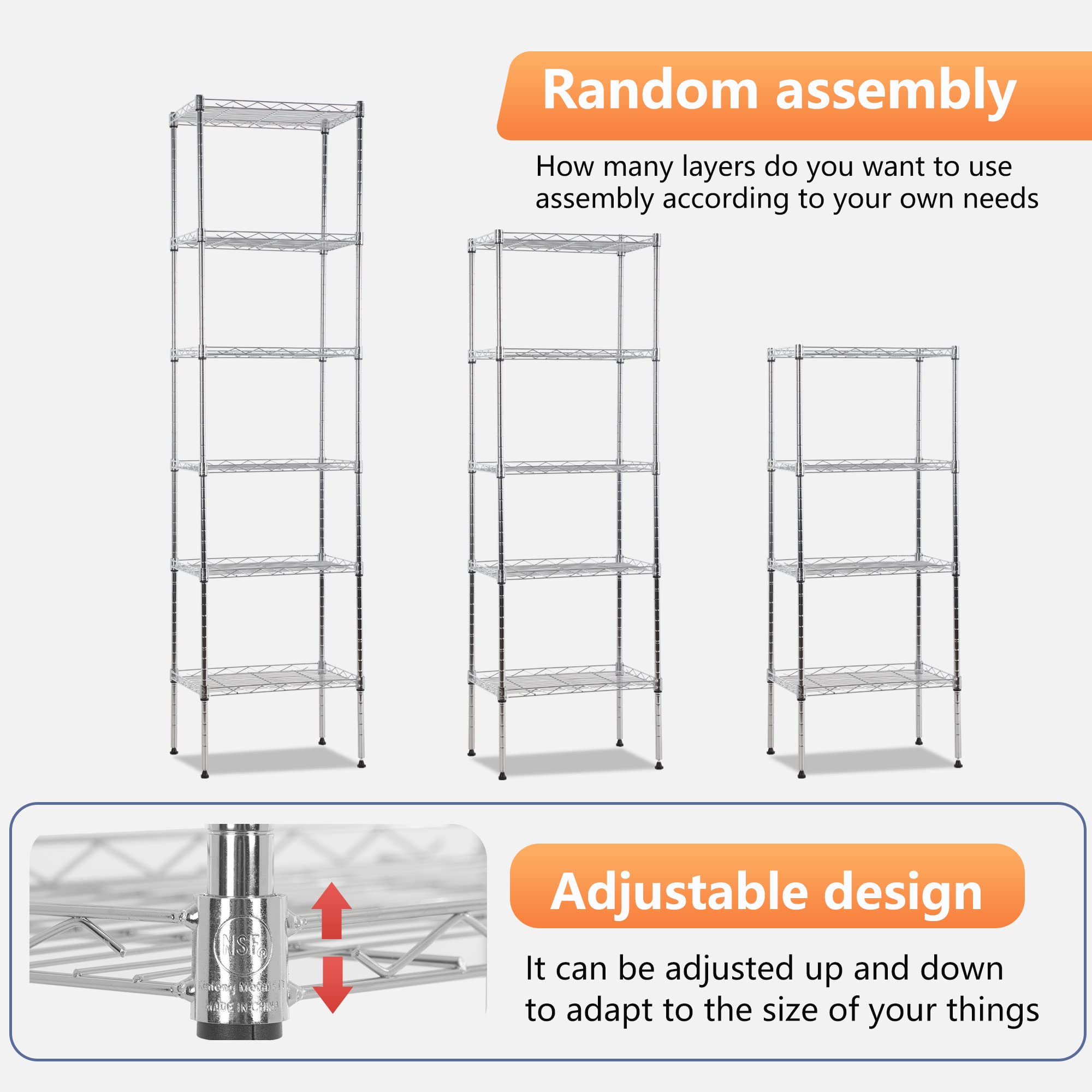 FDW 6 Tier Wire Shelving 17L x 12W x 64H Pantry Shelves Storage Rack Shelving Units Adjustable Metal Shelves for Kitchen Commercial Garage Small Places,Chrome