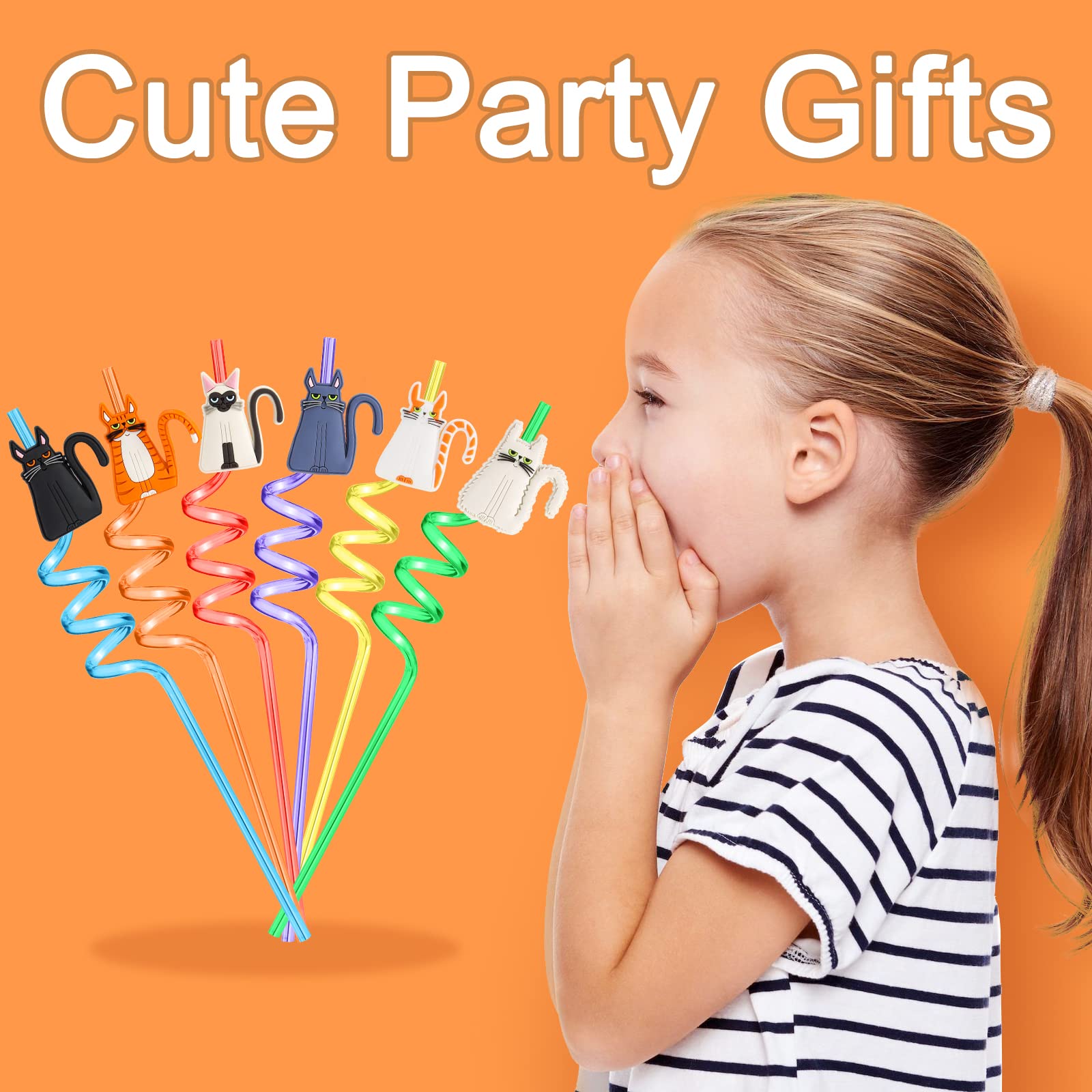 Cat Party Supplies, 24Pcs Cat Straws and 2Pcs Cleaning Brushes, Reusable Plastic Cat Straws, Cat Party Supplies Favors,Birthday Party Decorations