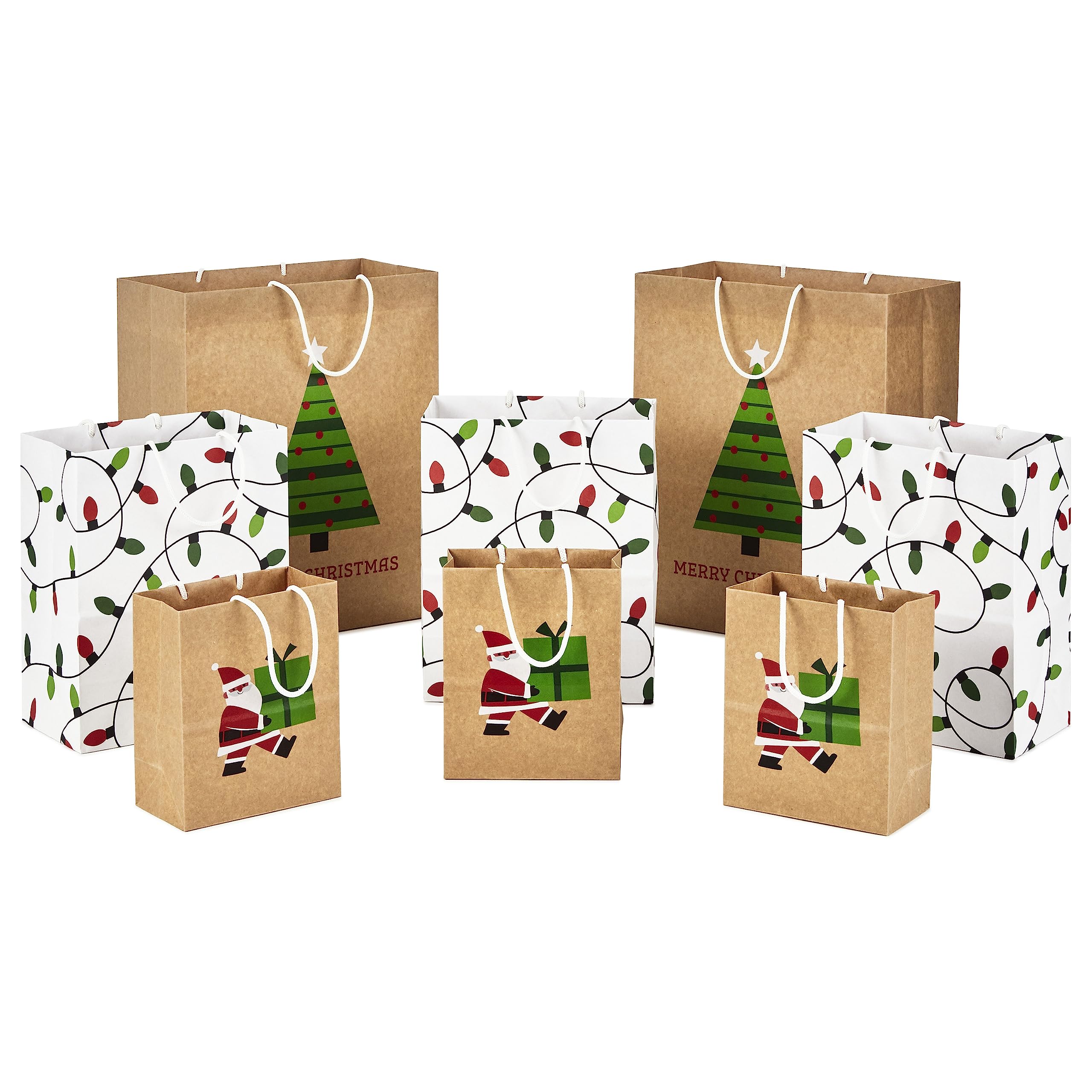 Hallmark Christmas Gift Bags for Kids (8 Bags: 3 Small 6", 3 Medium 9", 2 Large 13") Recyclable Kraft with Santa, Lights and Tree