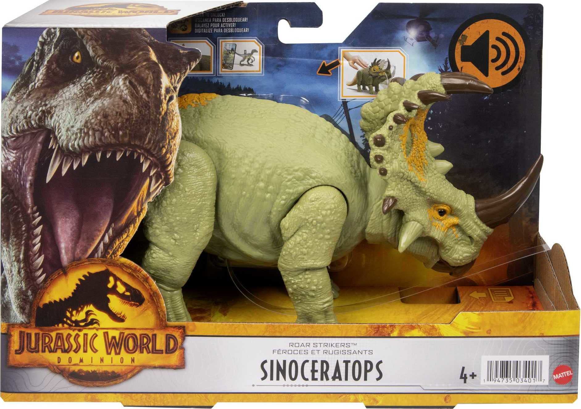 Mattel Jurassic World Dominion Roar Strikers Dinosaur Action Figure with Roaring Sound & Attack Action, Sinoceratops Dino Toy Includes Downloadable App & AR