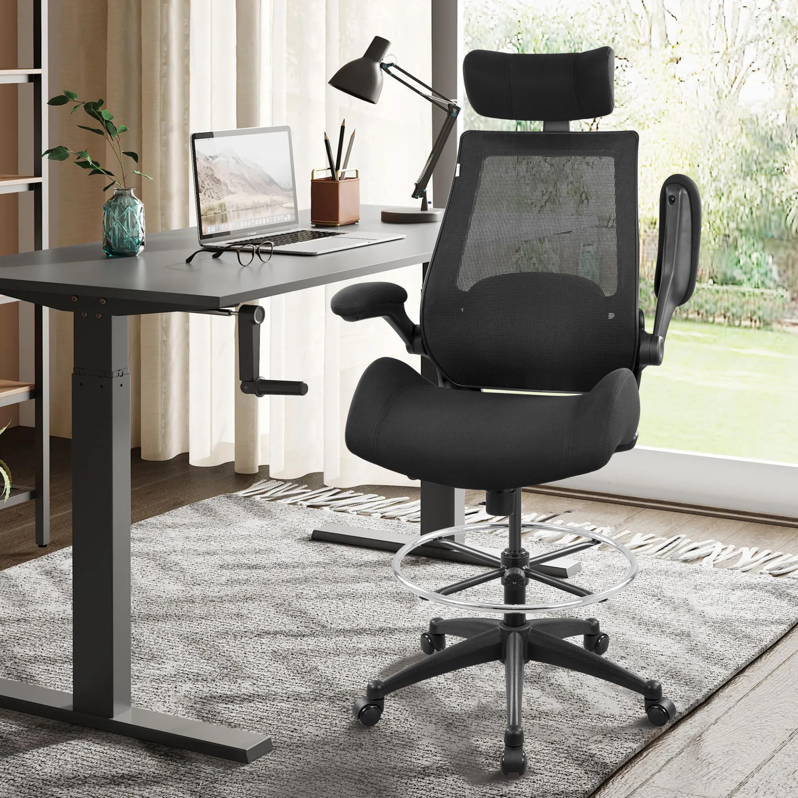 BOLISS 400lbs High-Back Mesh Ergonomic Drafting Chair,Tall Office Chair, Standing Desk Chair,Adjustable Headrest,with Flip-Up Arms,Lumbar Support Swivel Computer Task Chair-Black