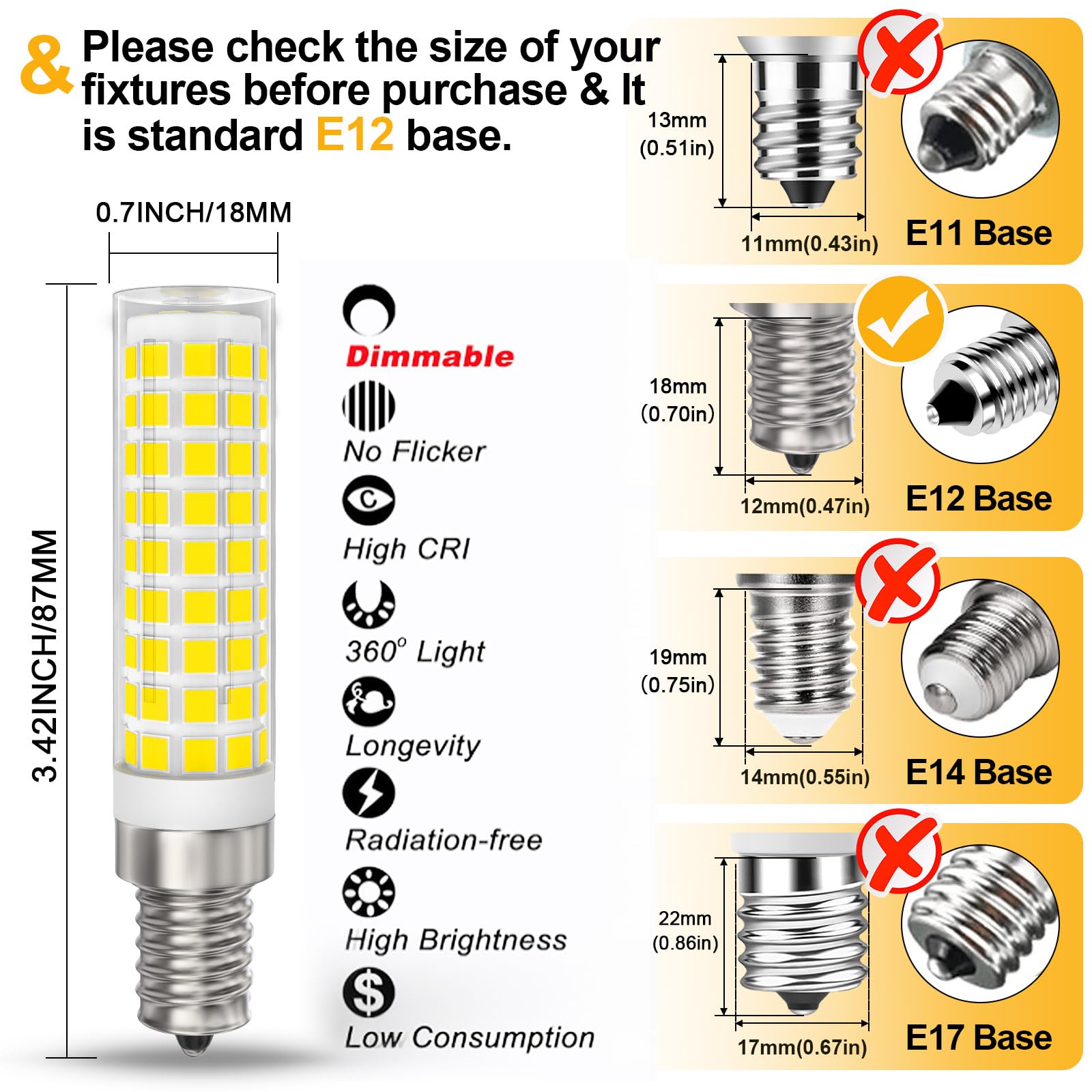 E12 LED Bulb Dimmable, 100 Watt Candelabra Bulb Equivalent C7, 6000K Daylight White, 10W 1000 Lumen T6 E12 Light Bulbs for Chandeliers, Ceiling Fan, Pendant Lighting, Salt Lamp, 6 Pack
