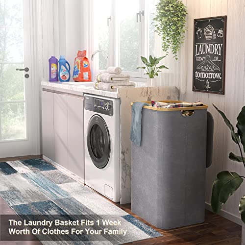 Homykic Laundry Basket with Lid, 97L Large Hamper Clothes Storage Basket with Bamboo Handles, Foldable Tall Laundry Organizer for Dorm, Bathroom, Bedroom, Clothing, Blanket, Light Grey