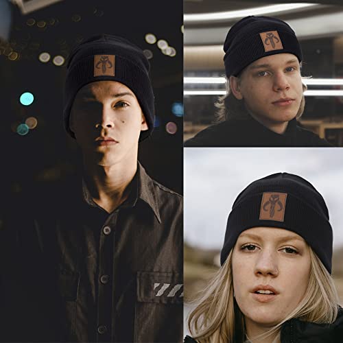Birsppy Warm Cuffed Beanie Hats for Men Women Skull Leather Patch Winter Hat Soft Ski Knit hat Black