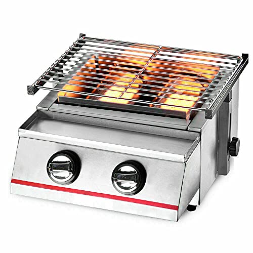 Fetcoi Tabletop Grill Portable Gas Griddle 2/3/4/6/8 Burners, Stainless Steel Home and Commercial Use LPG Gas Grill for Parties, Backyard Barbeques,Widely Used in Roadside Stalls, Carnivals, Buffets (2 Burners)