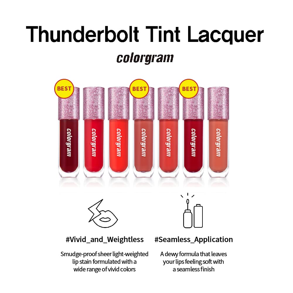 COLORGRAM Thunderbolt Tint Lacquer #04 Daily Tok | Highly Pigmented, Long Lasting, Moisturizing Lip Stain, Buildable and Blendable Lip Tint (0.2 fl.oz)