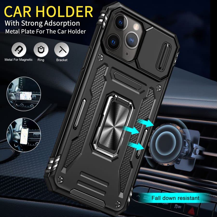 FRLMOOES for iPhone 11 Pro Case with 2 Glass Screen Protector,iPhone 11Pro Kickstand Case with Slide Camera Cover& 360°Magnetic Ring Shockproof Military Grade Drop Heavy Duty Protection Men 5.8‘’black