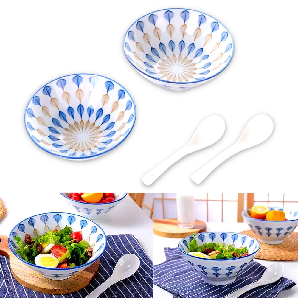 Braque Ceramic Japanese Ramen Bowl, Set of 2, 28.7oz Porcelain Bowls with Spoons ā for Ramen, Pho, Udon, Soup, Salad ā Asian Rustic Design, Chip Resistant, High Grade Lead & BPA Free - Leafage Echo