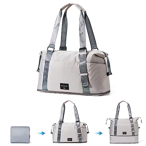 Hanke Expandable Tote Bag Foldable Duffle Bag for Travel Carry on Weekend Bag for Women with Adjustable Shoulder Strap Gym Bag for Men Garment Bag.(Dune Grey)