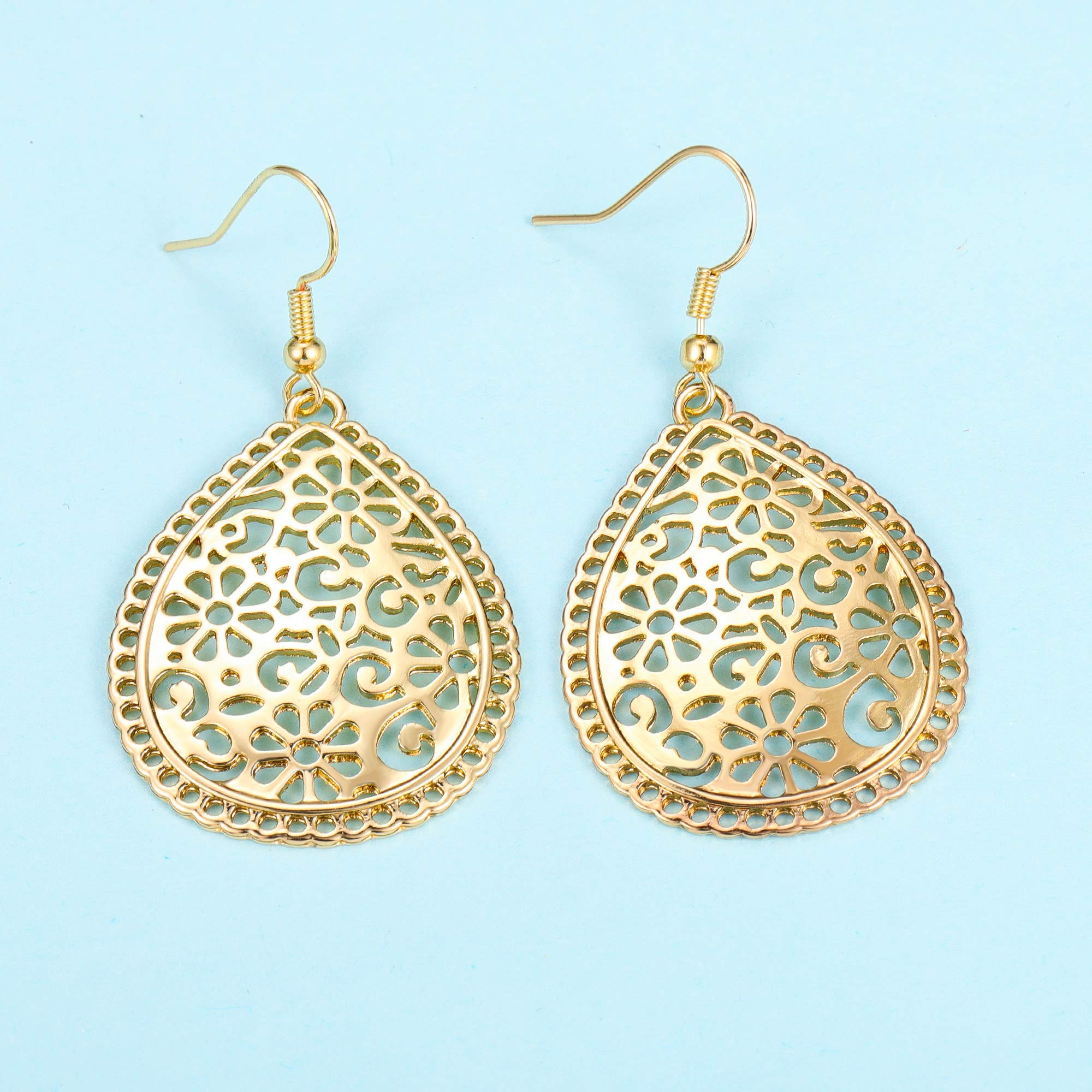 BIRSTONE Handmade Teardrop Earrings with Brushed Finished Dangle Earrings (Hollow Gold)