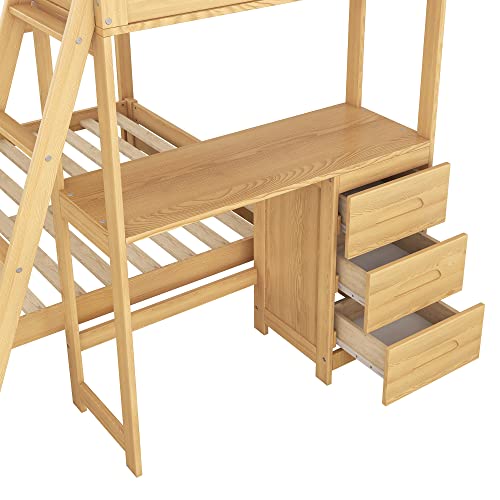 KoiHome Twin Over Full Bunk Bed with Built-in Desk and Three Drawers, Wood Bunk Bed with Full-Length Guardrail & Solid Slat Support for Kids,Teens Bedroom, No Box Spring Needed, Natural