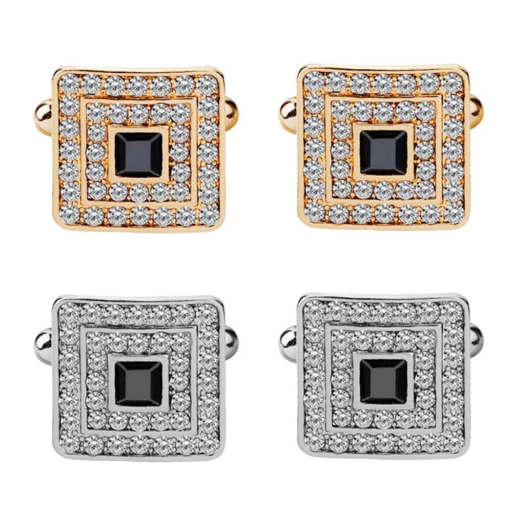 Black and Silver Gold Concentric Diamond Clear Crystal Dust Cufflinks, AILUOR Tuxedo Shirt Cufflinks French Style Shirt Studs (Silver)