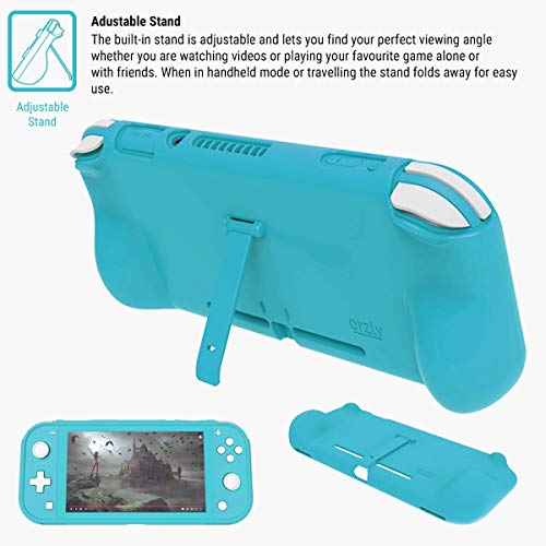 Orzly Grip Case for Nintendo Switch Lite – Case with Comfort Padded Hand Grips, Kickstand, & Pack of Thumb Grips - Turquoise Blue
