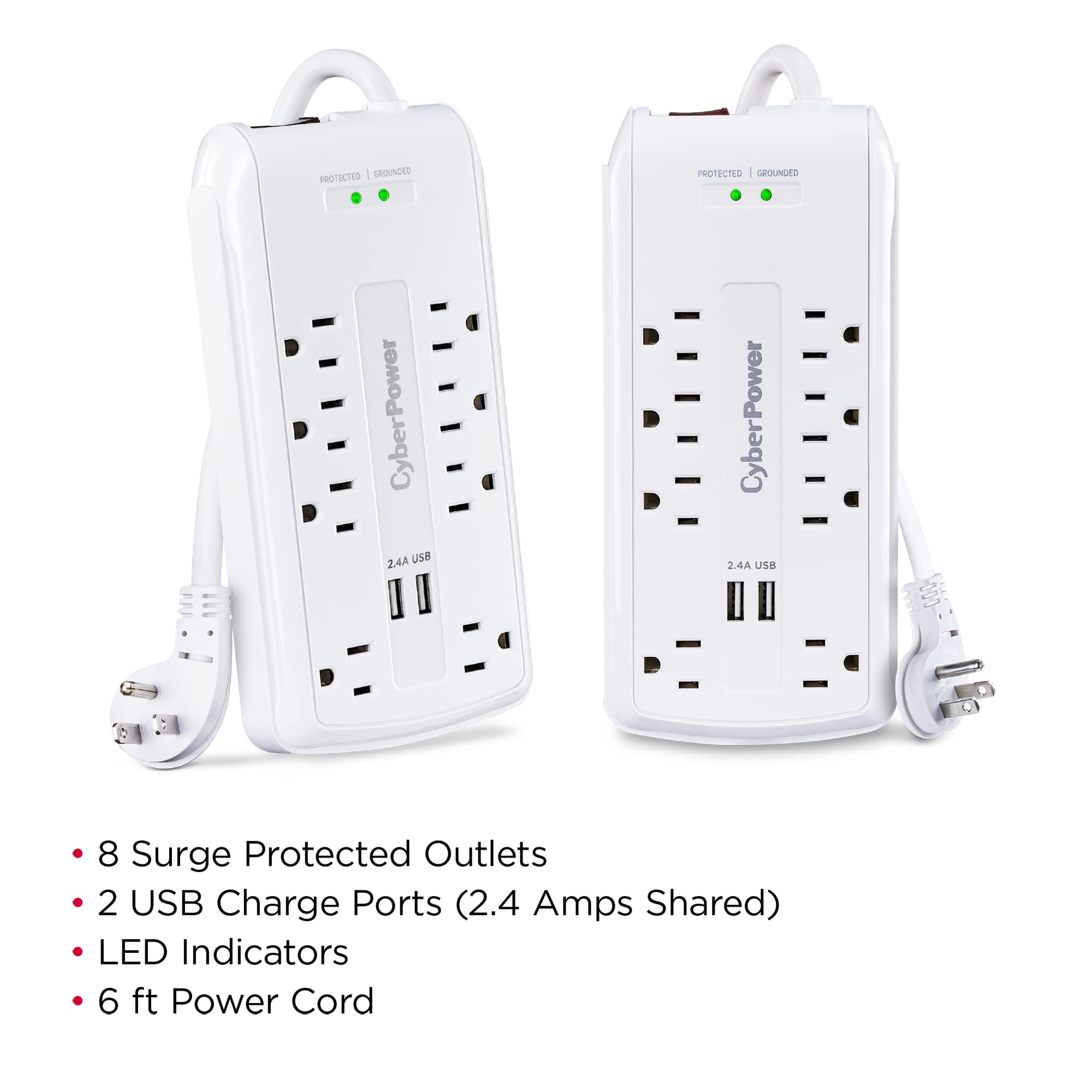 CyberPower CSP806U Professional Surge Protector, 3000J/125V, 15A, 8 Outlets, 2 USB Charging Ports, 6 Foot Cord, White