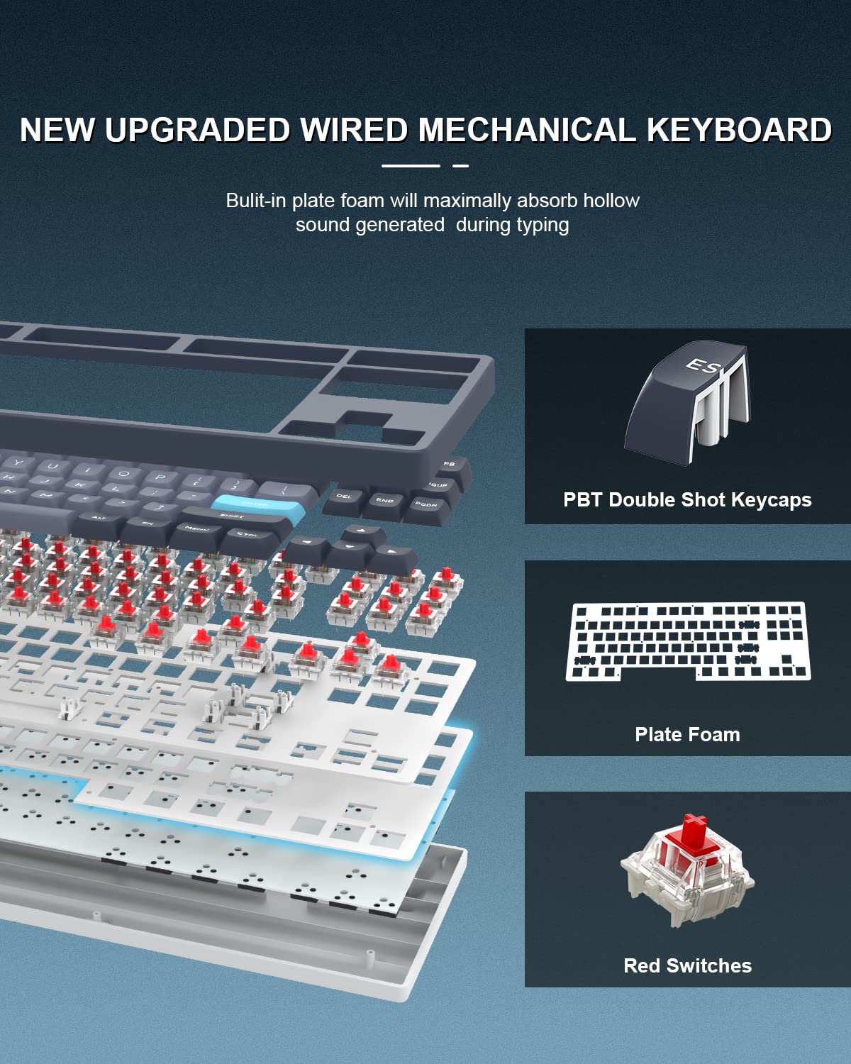 dagaladoo XVX WK87 Wired Mechanical Keyboard, RGB Backlit Hot Swappable TKL Gaming Keyboard with Software, 80% Layout 87 Keys Custom Computer Keyboard for Mac/PC/Windowns (Red Switch/PBT Keycaps)