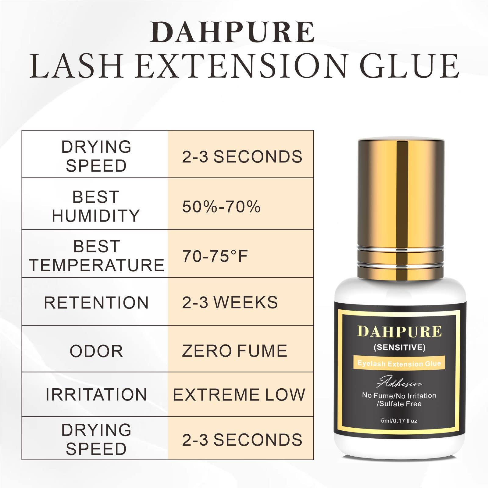 DAHPURE Lash Extension Glue Strong Hold Lash Glue for Eyelash Extensions No Fume No Irritation Long Lasting Drying Time 2-3 Seconds for Sensitive Eyes Eyelash Extension Supplies