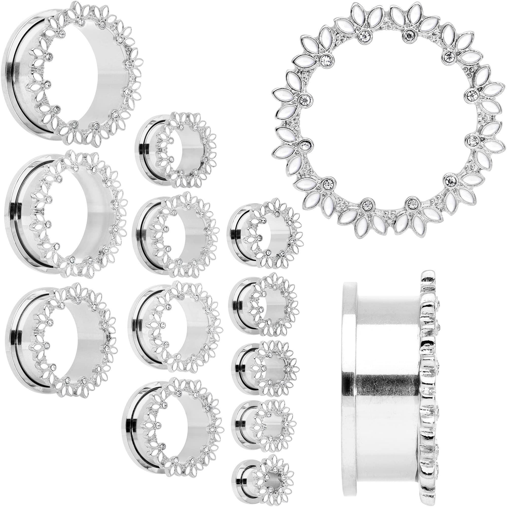 Body Candy 2Pc Womens 316L Steel White Leaves 3/4" Double Flare Screw Fit Tunnel Plug Ear Plug Gauges Set