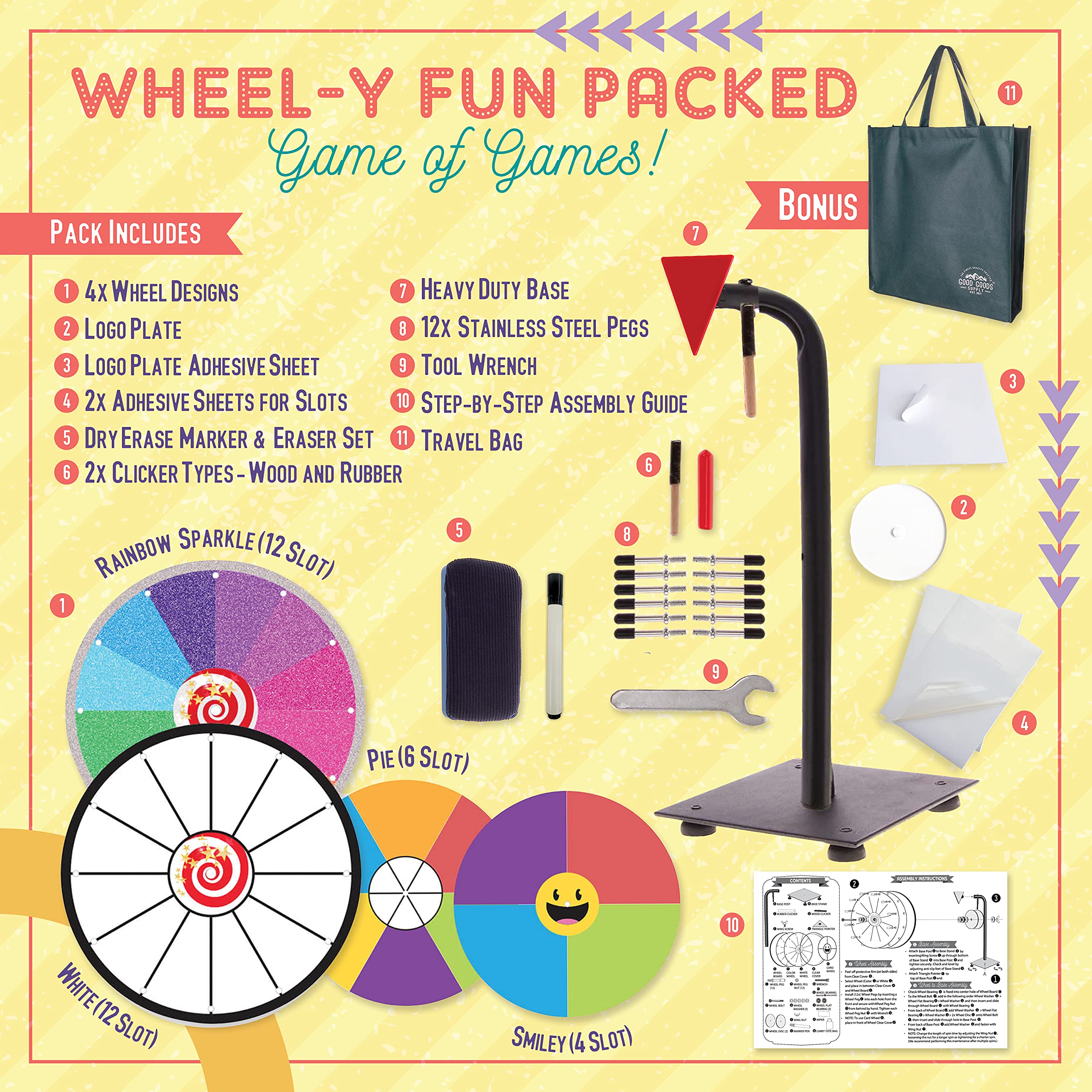 Prize Wheel Spinner Board Game - 12" Spin Wheel for Prizes with Stand, Slots 12, 6, 4 Color & White Spinning Wheels, Custom Logo Personalize Printable Self Adhesive Sheets, Dry Erase Pen, Eraser, Bag