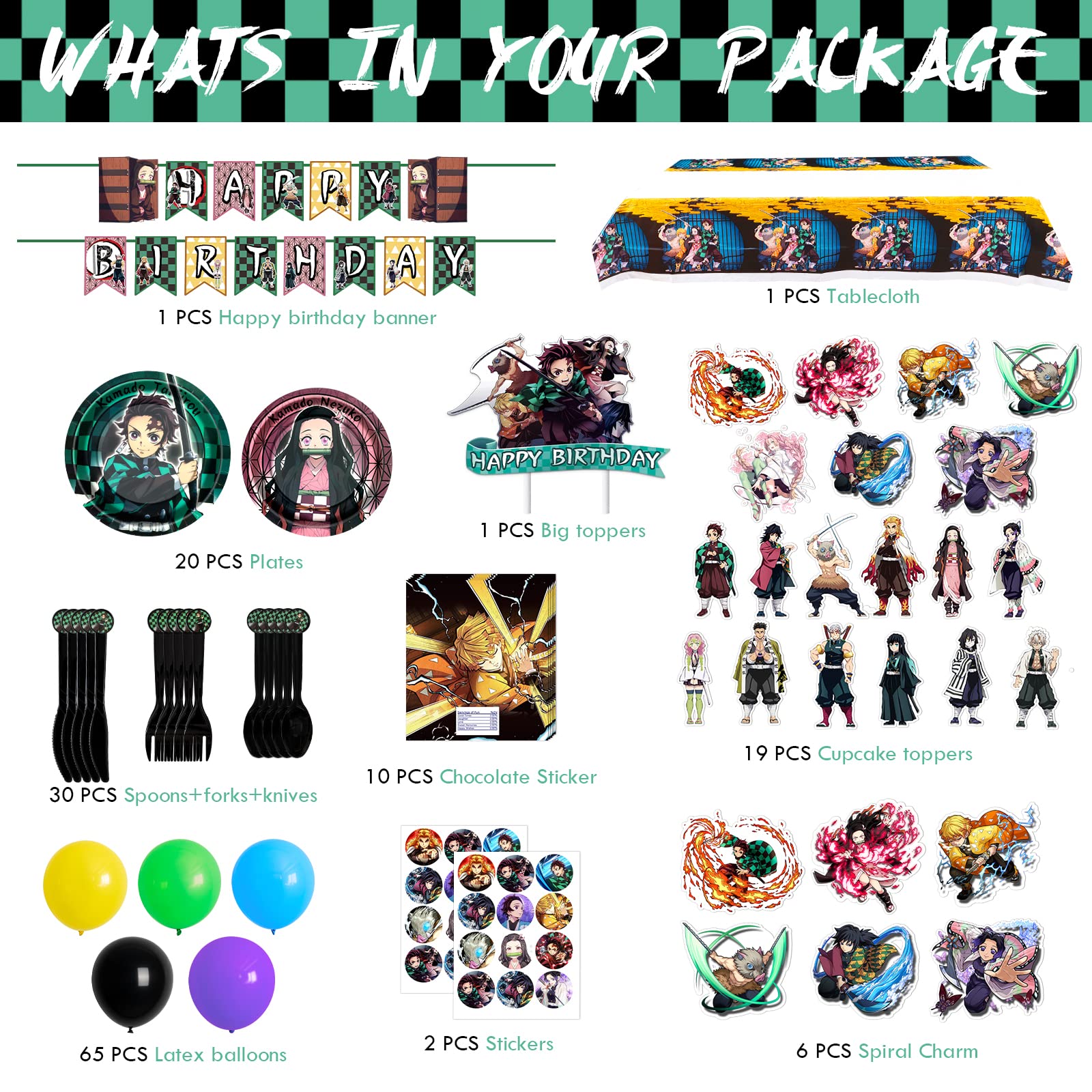 Birthday Decorations, 177Pcs Party Supplies, Include Tablecloth, Stickers, Banner, Cupcake Toppers, Tableware, Plates, Spiral Charm, Balloons for Kids Anime Theme Party