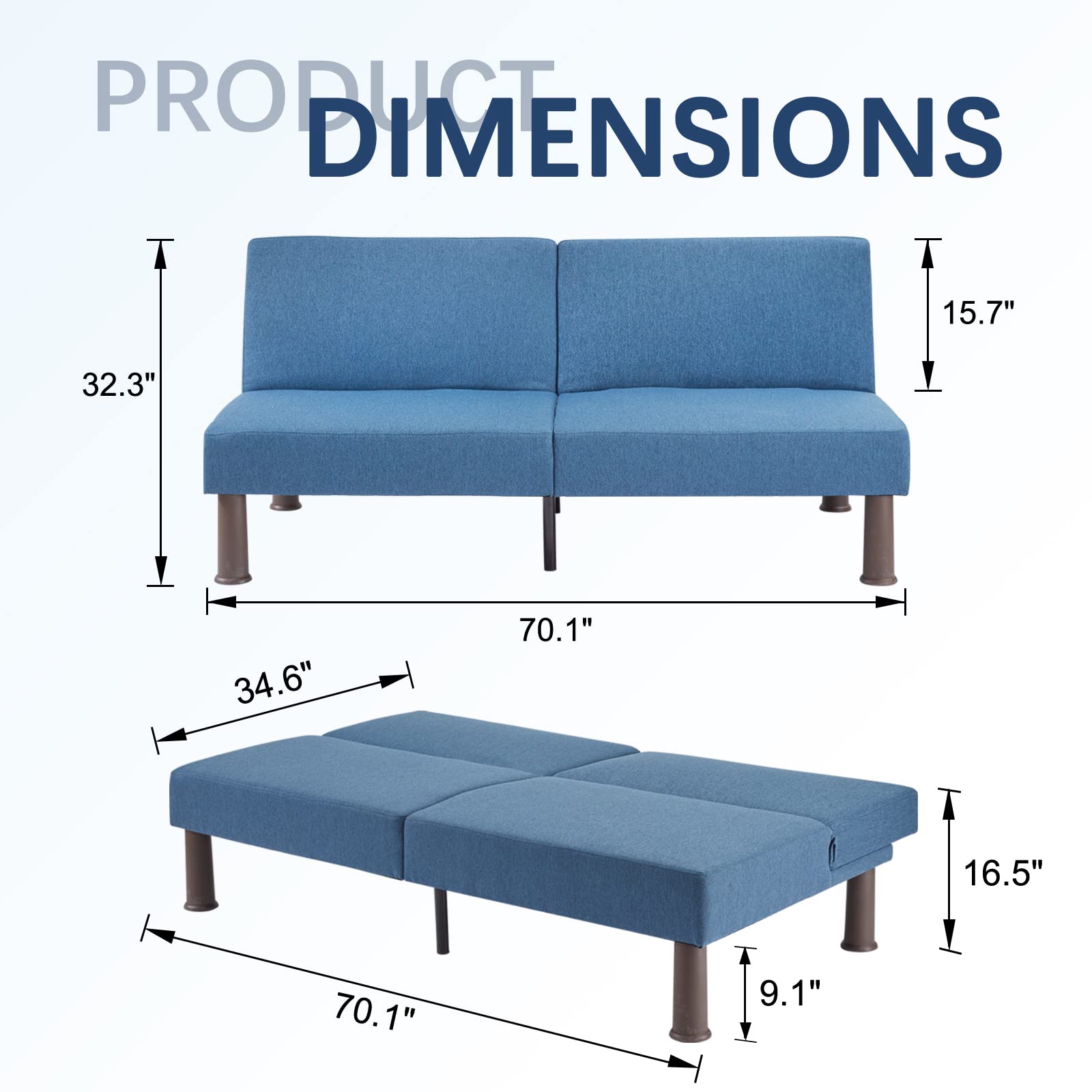 BDEUS 70" Futon Sofa Bed, Convertible Sofa Couch Sleeper with Armless Design, Easy Assembly, 800 lbs Capacity Modern Recliner Lounge Couch for Living Room Apartment Dorm Office (Armless Futon, Blue)