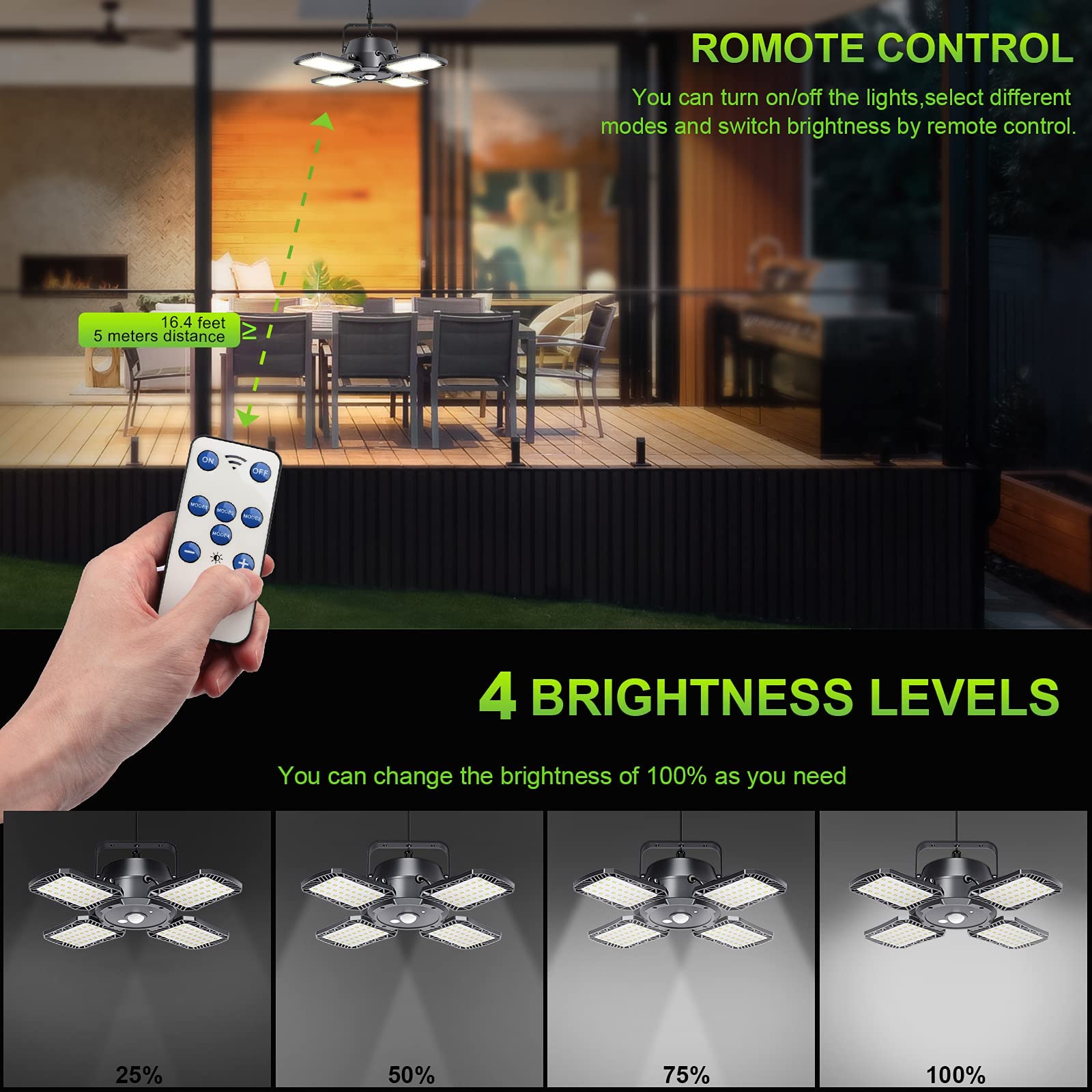 Solar Shed Light Outdoor/Indoor, 4-Leaf Solar Pendant Light 1000LM 128-LED with 4 Lighting Modes Remote Control, IP65 120° Adjustable Motion Sensor Light for Home Yard Garage Barn