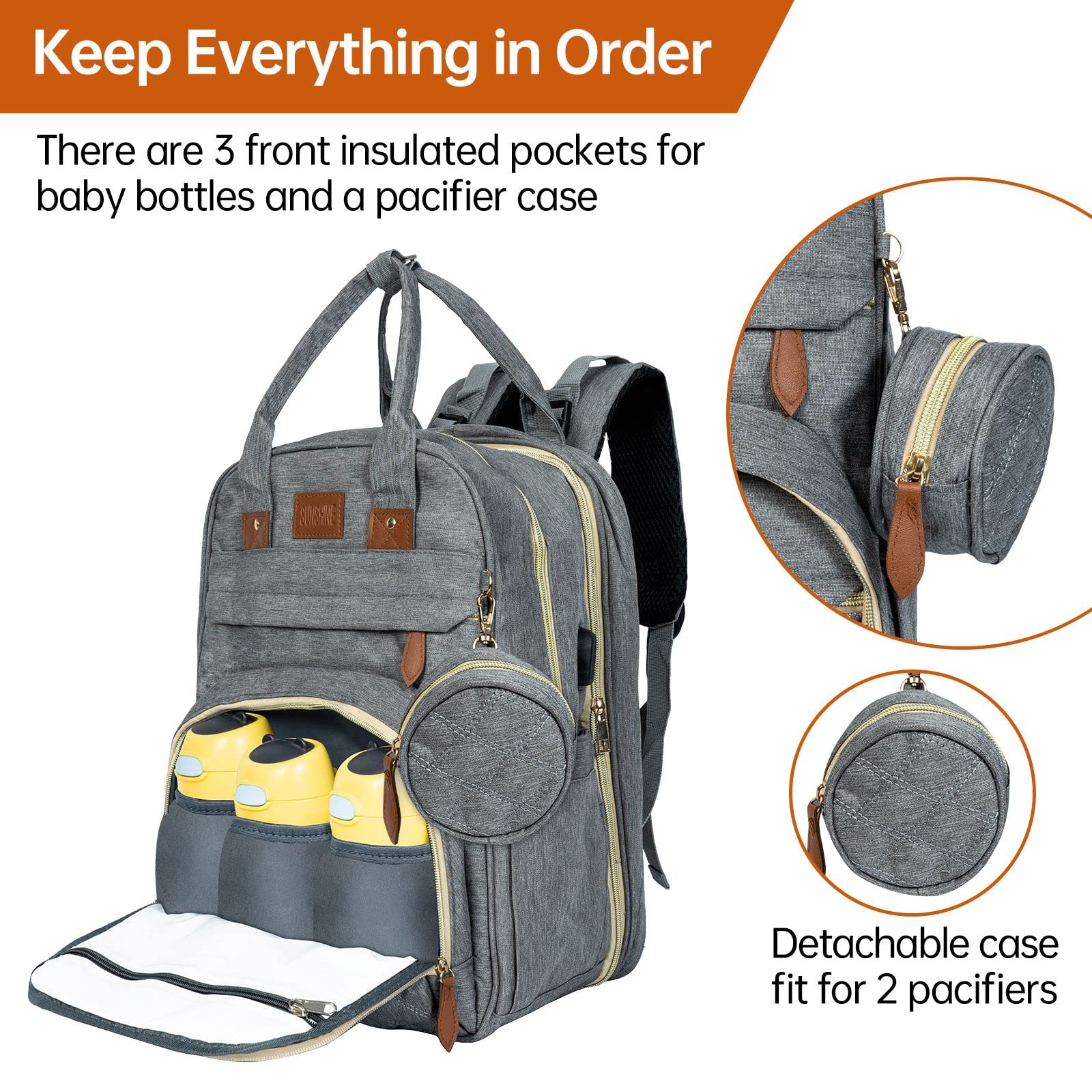 DAILY&DIARY Diaper Bag Backpack, Baby Bag Multifunction Waterproof Nappy Bag with Stroller Straps, USB Charging Port Unisex for Newborn Boys Girls, Grey