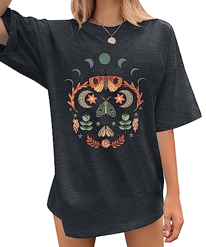 Oversized Boho Shirts Women Vintage Flower Shirt Moon Moth Flower Butterfly Floral Print T-Shirt Funny Wildflower Shirt